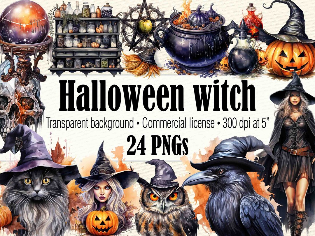 Halloween Witch Clipart, Gothic Witch Junk Journal Halloween Graphics ...