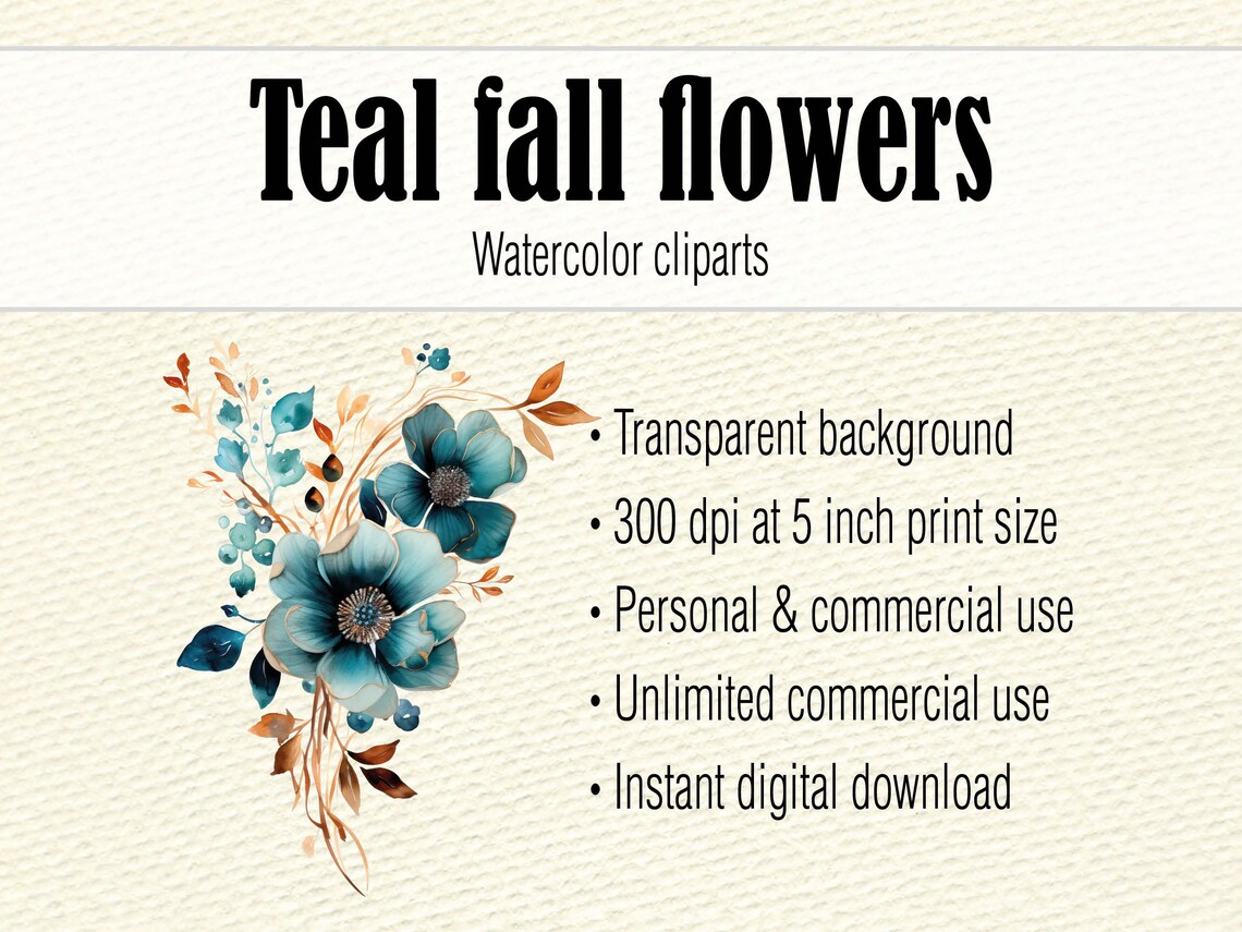 Teal Floral Clipart, Teal Fall Clipart, Blue Flowers PNG, Dark Blue ...