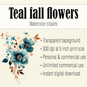 Teal Floral Clipart, Teal Fall Clipart, Blue Flowers PNG, Dark Blue ...