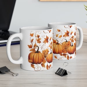 Pumpkin Harvest Mug Rustic Autumn Coffee Cup With Falling Leaves Cozy ...