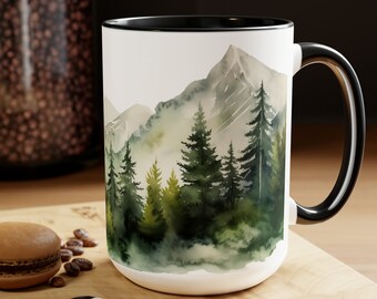 Watercolor Mountain Mug Evergreen Nature Lover Outdoors Mountain Range ...