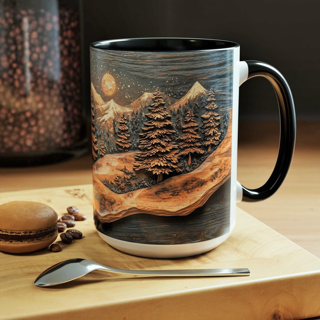 Winter Mountain and Trees Mug Wood Grain Texture PRINT Cup Wood Panel ...