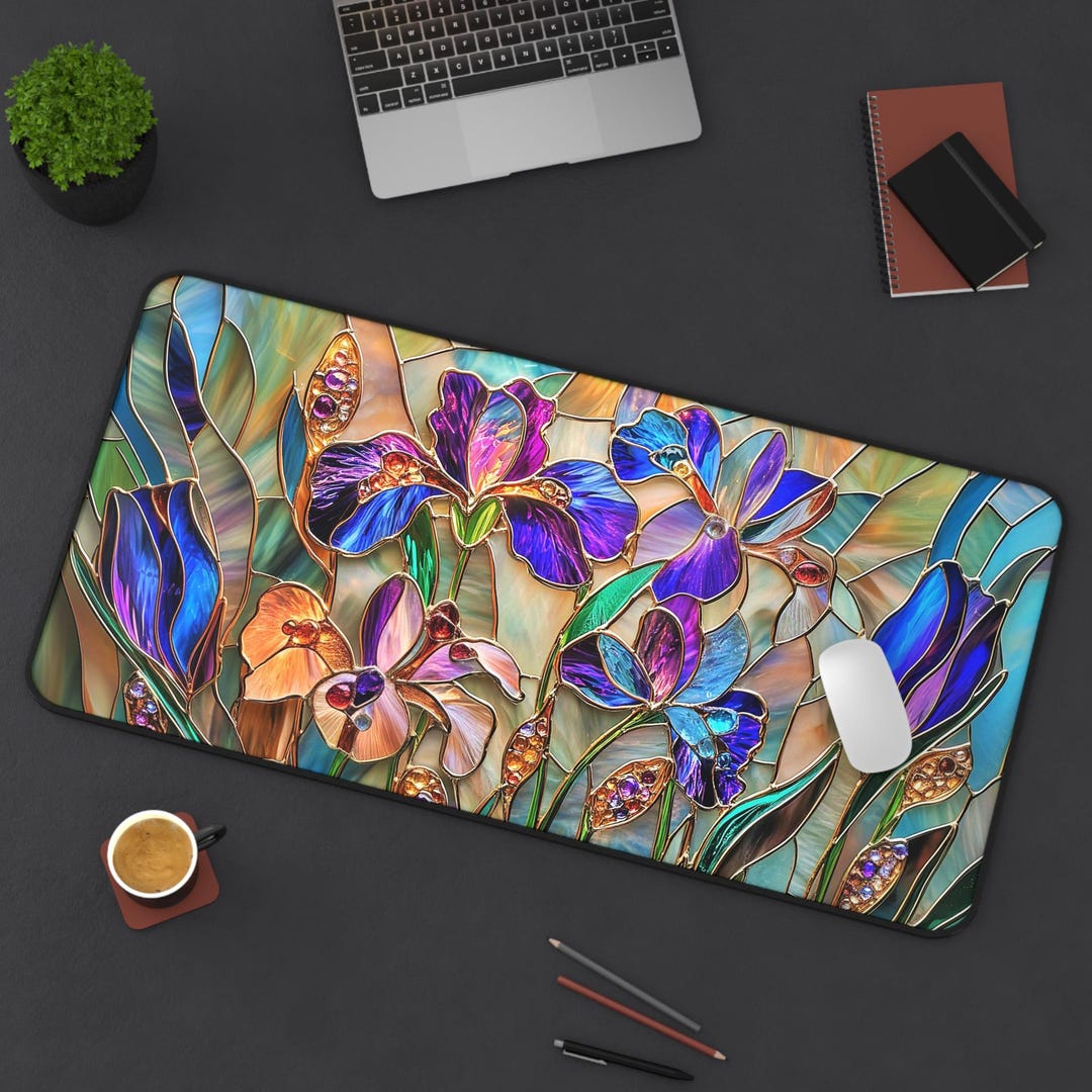 Stained Glass Desk Mat Colorful Iris Flower Office Pad Cottagecore ...