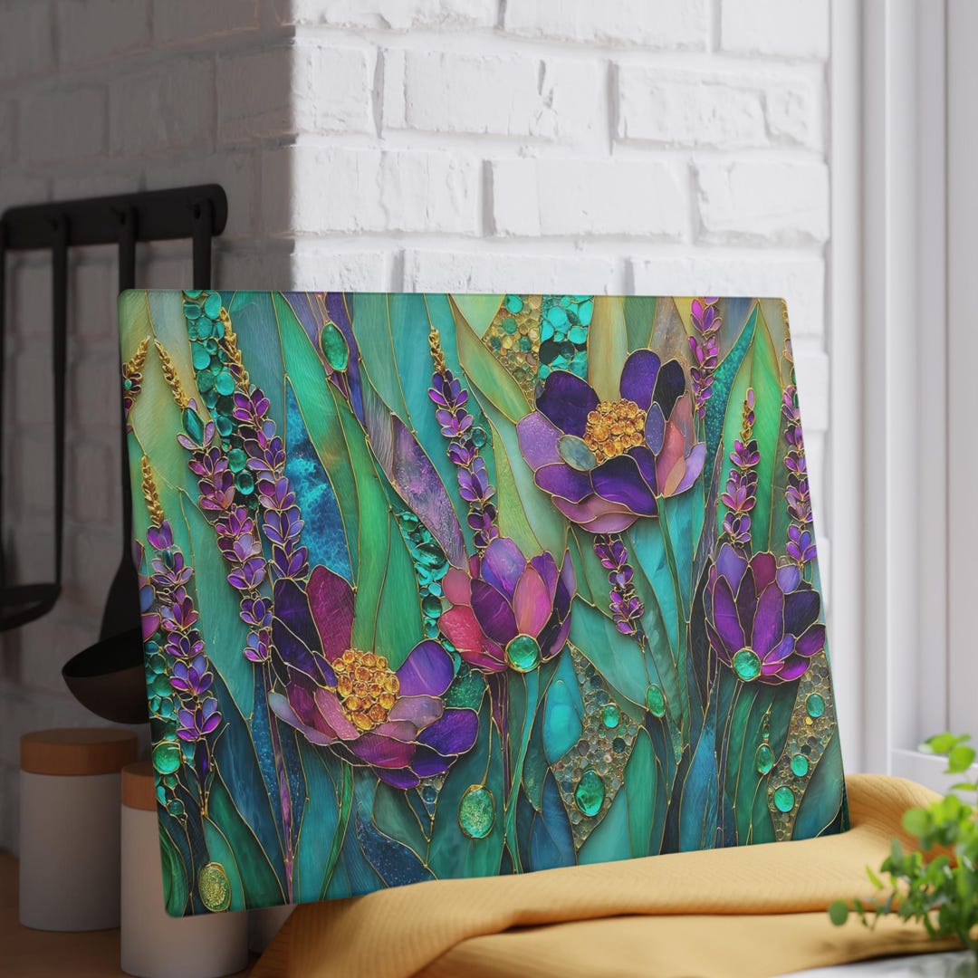 Stained Glass Floral Cutting Board Tempered Glass Purple Lavender ...