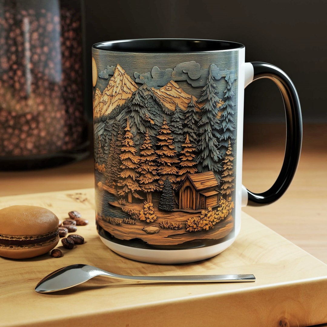 Carved Wood Cabin Ceramic Mug Rustic Mountain Forest Lodge Art Coffee ...