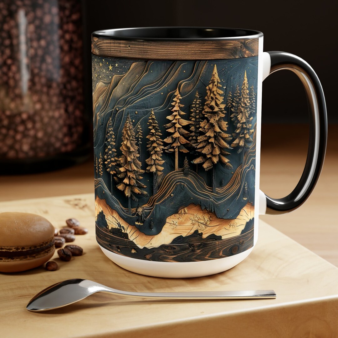 Forest Wood Art Mug Wooden PRINT Evergreen Trees Coffee Mug Carved Pine ...
