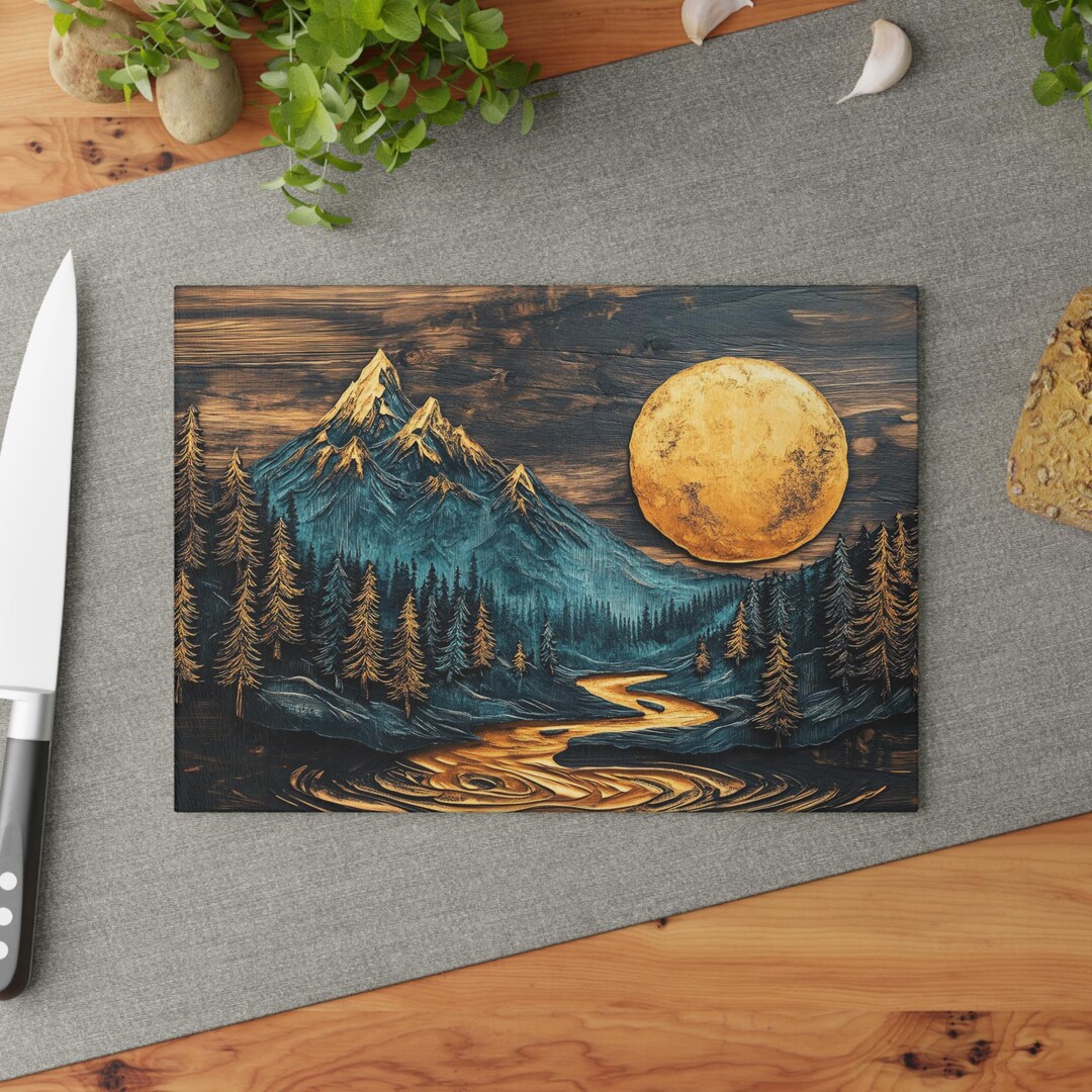 Mountain Art Cutting Board Rustic Decor Glass Board Full Moon Nature ...