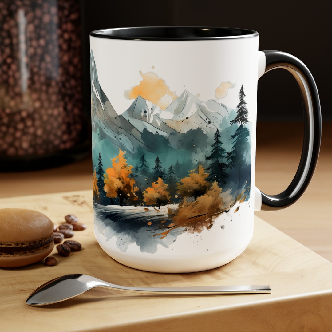 Watercolor Mountain Coffee Mug: Autumn Forest Art, 15oz Ceramic - Etsy