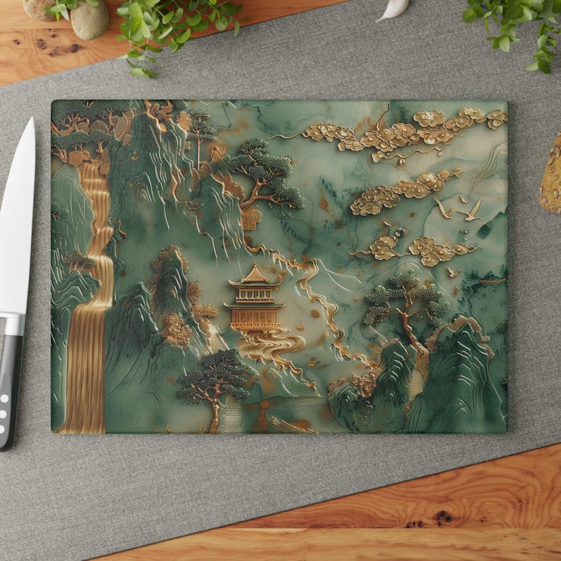 Japanese Pagoda Tempered Glass Cutting Board Asian Jade Landscape Art ...