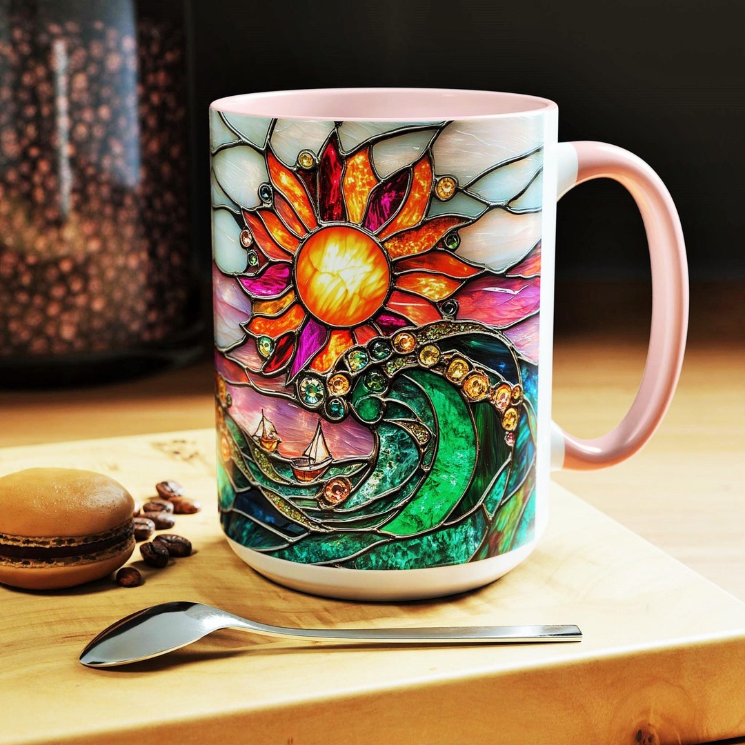 Stained Glass Sun Beach Mug Ocean Waves Sunset Ceramic Mug Beach Themed ...