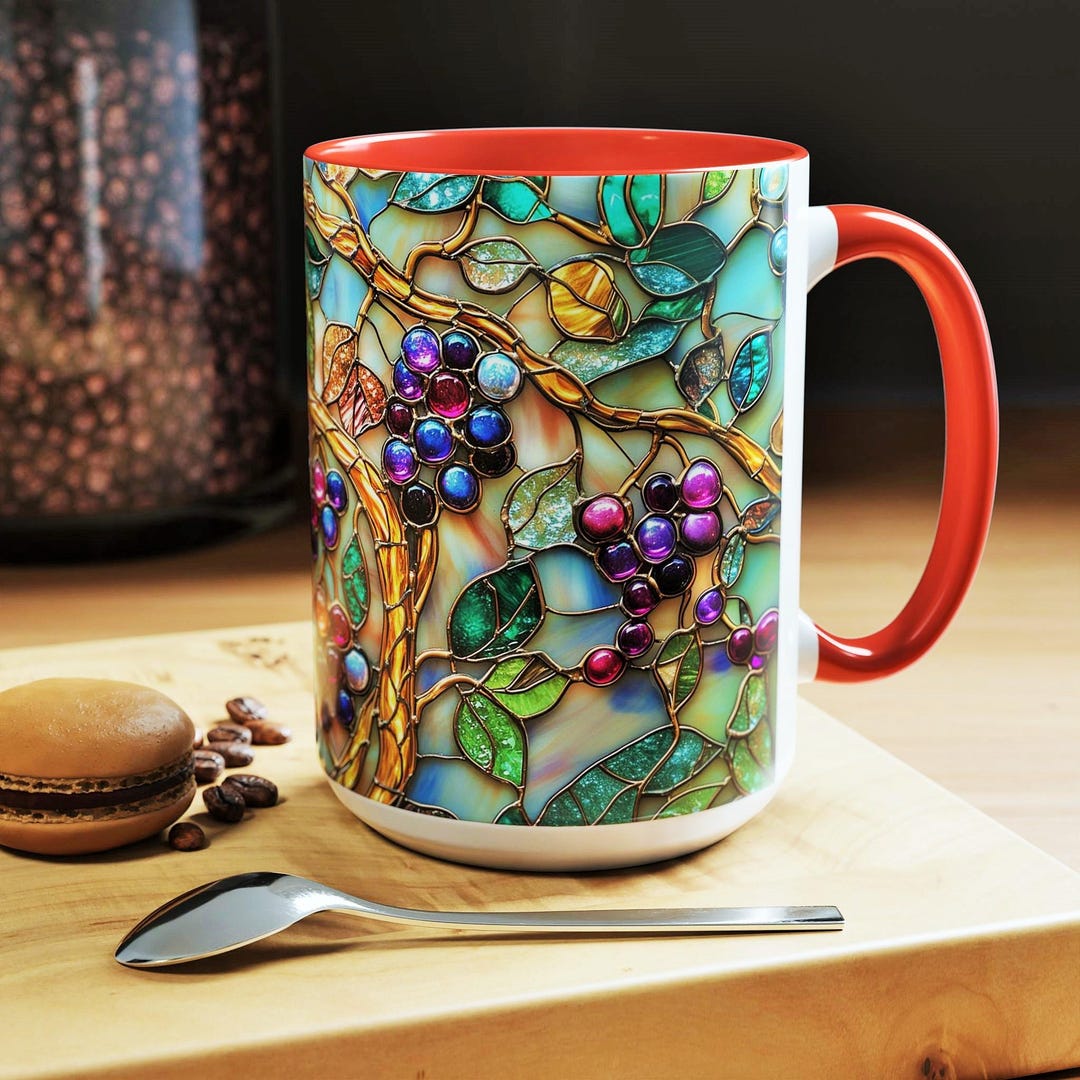 Stained Glass Vineyard Mug Grape Floral Coffee Cup Botanical Fruit Wine ...