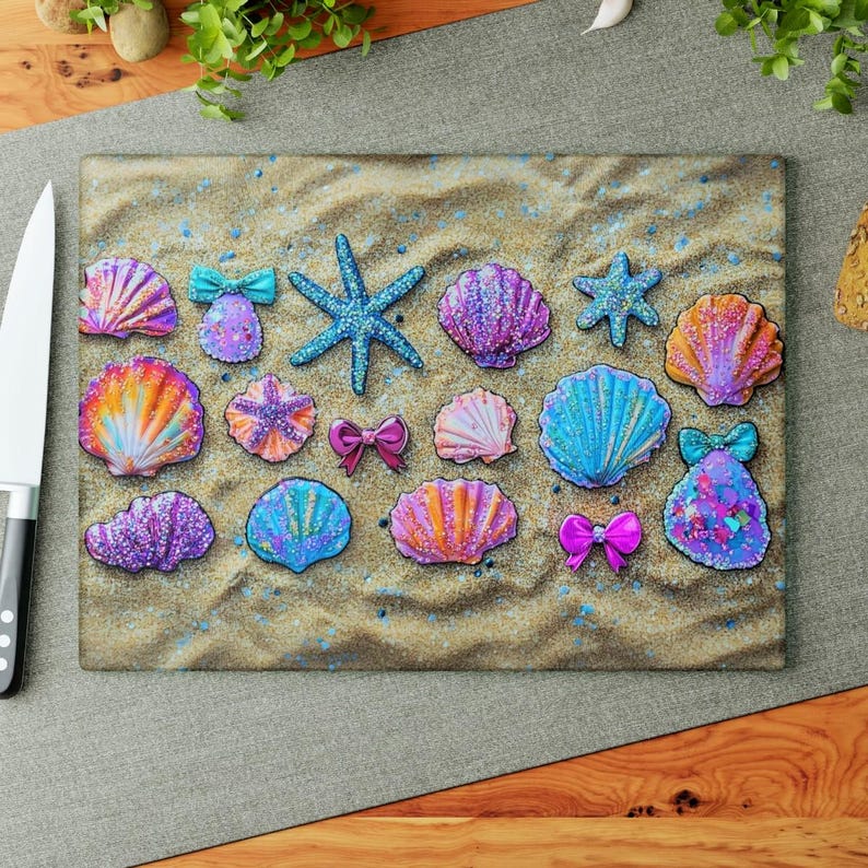 Sandy Beach Cutting Board Seashell Clam Coastal Kitchen Decor Nautical ...