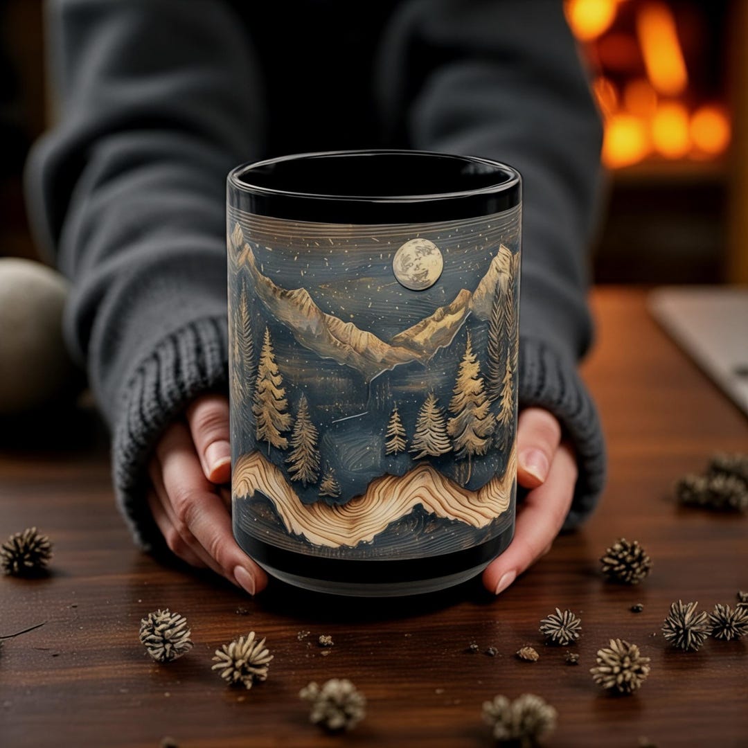 Rustic Mountain Forest Mug Wood Panel Style Coffee Cup With Pine Trees ...