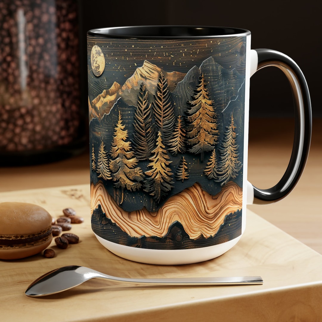 Faux Wood Panel Mountain Forest Ceramic Mug Pine Tree Moon Landscape ...