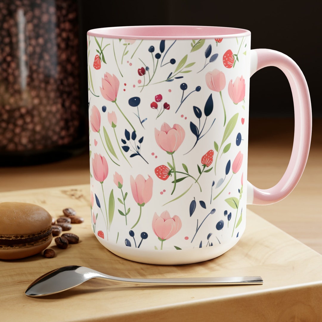 Pink Tulip Mug Spring Tulips Pattern Coffee Mug Cute Pink Flower Cup ...