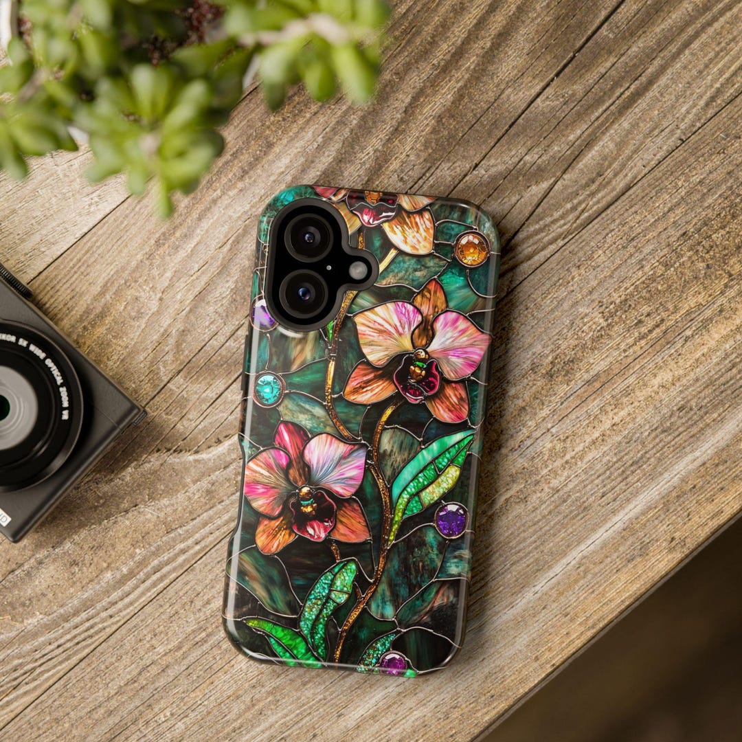 Pink Orchid Stained Glass Magsafe Phone Case: Floral Botanical Art - Etsy