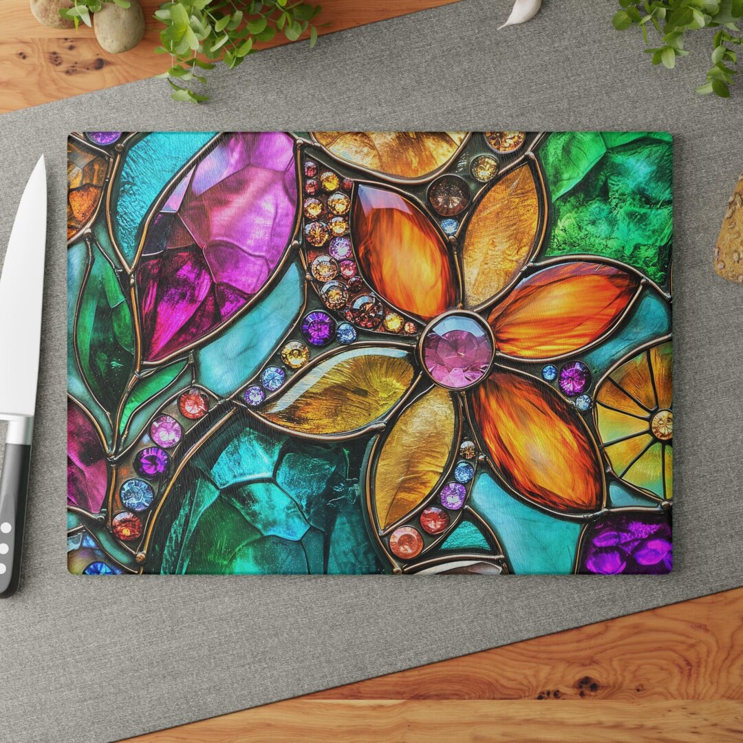 Stained Glass Floral Cutting Board Colorful Kitchen Decor Tempered ...