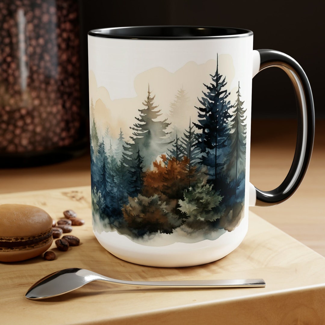 Watercolor Pine Tree Mug Rustic Forest Coffee Cup With Misty Woodland ...