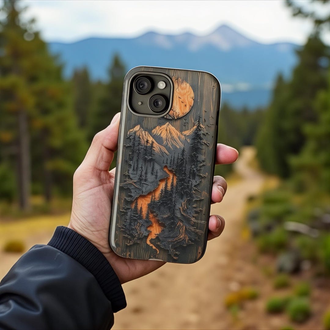 Mountain Forest Phone Case Faux Wood Art Moon Landscape Rustic Nature ...