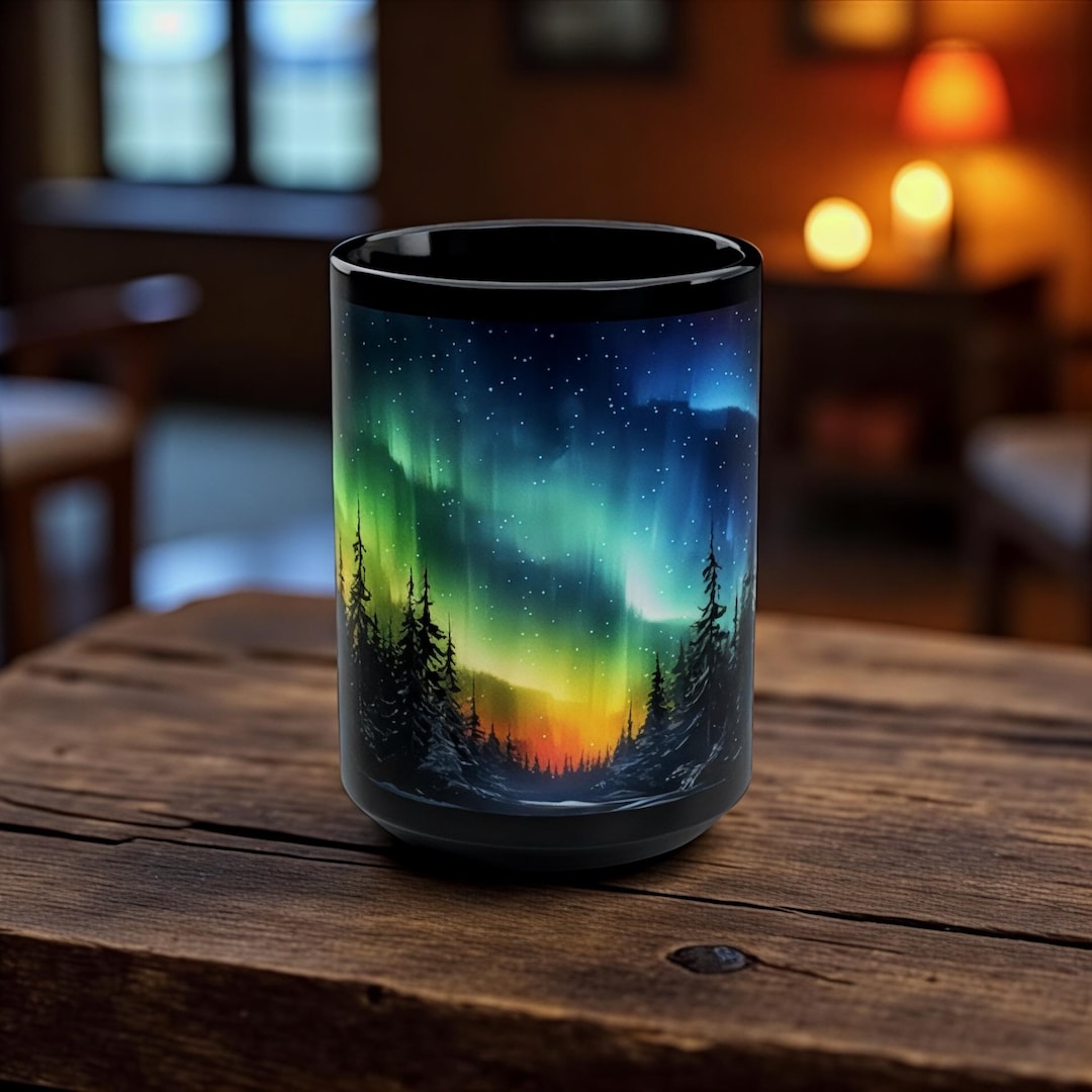 Northern Lights Mug Aurora Borealis Coffee Cup With Pine Trees Black ...