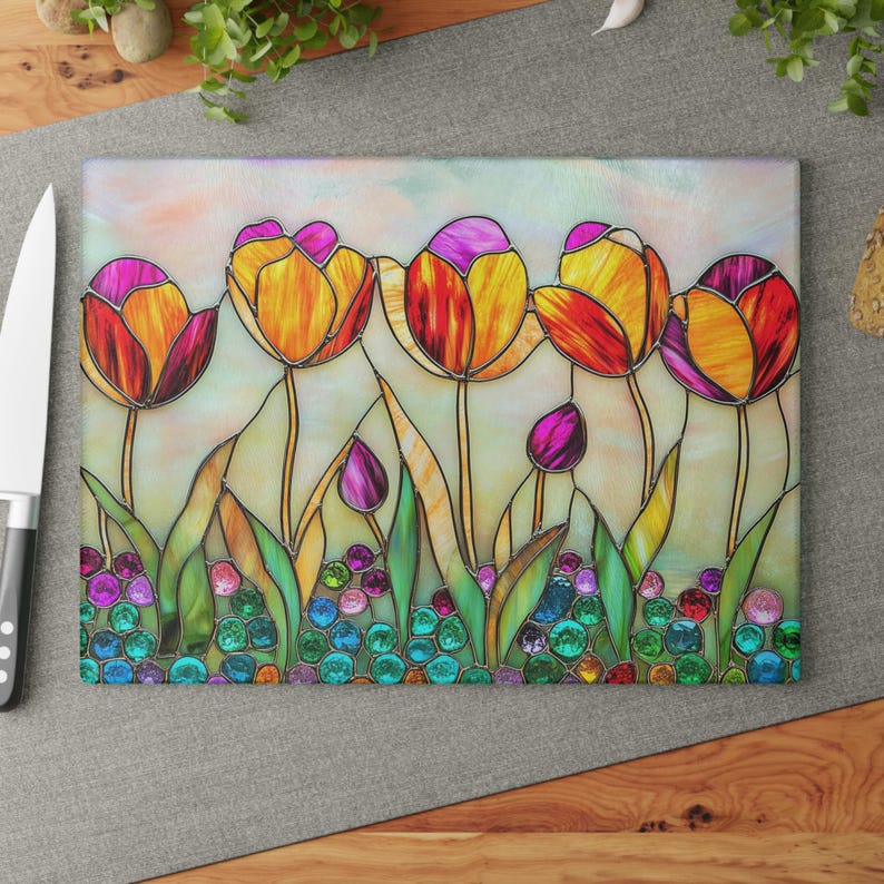 Stained Glass Tulip Cutting Board Colorful Floral Chopping Board Spring ...