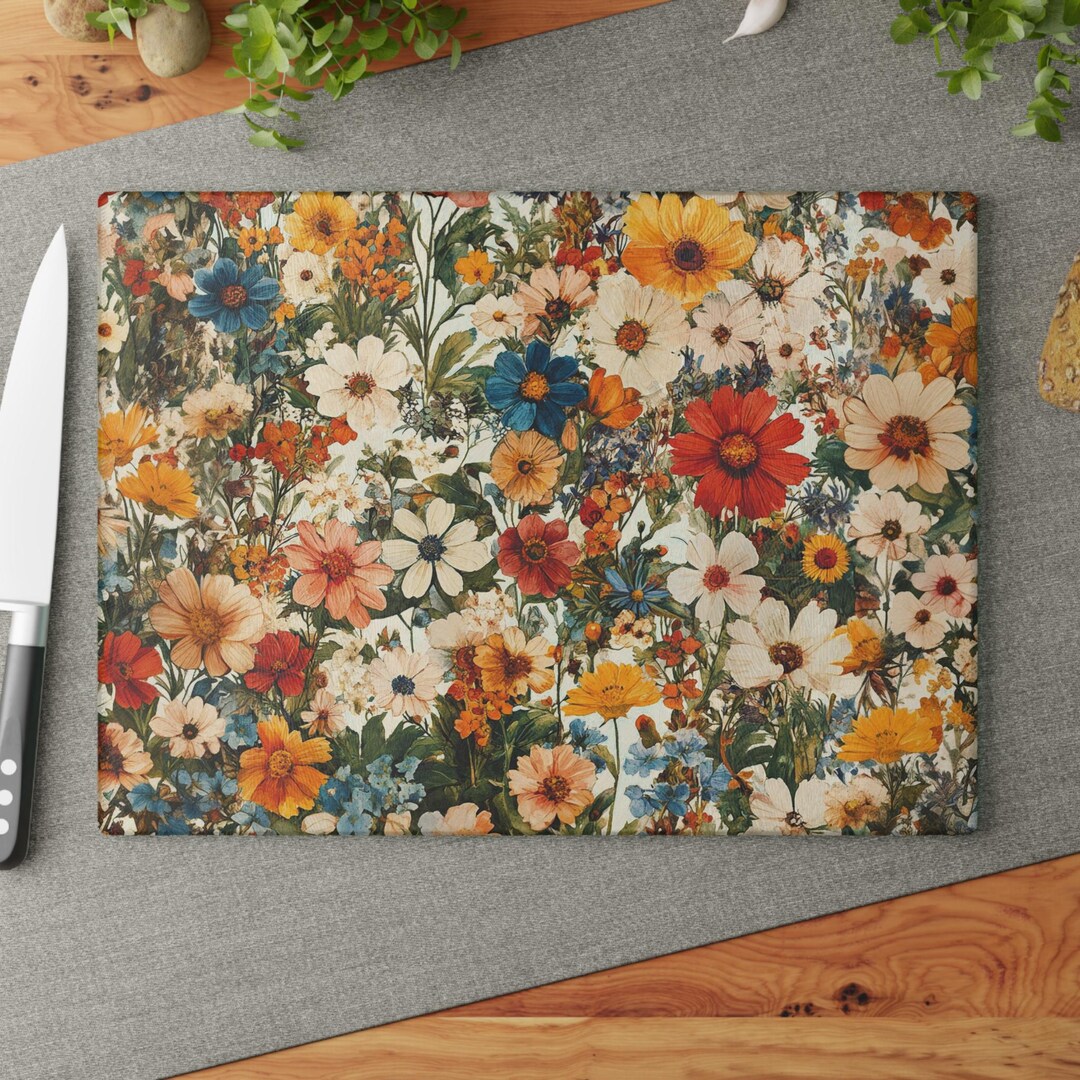 Pressed Flowers Cutting Board Colorful Beige Floral Art Kitchen ...