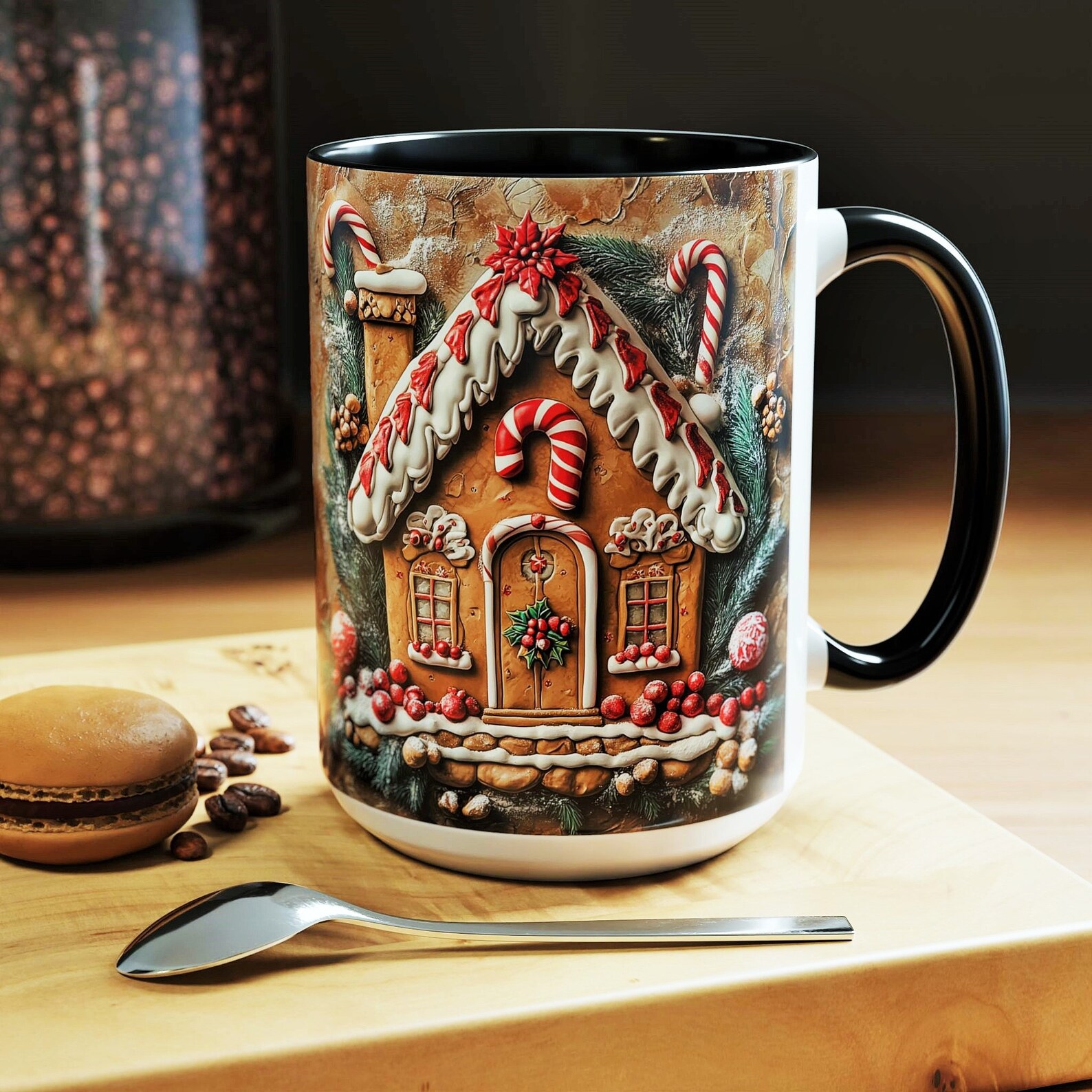Gingerbread House Mug Candy Cane Christmas Coffee Cup Whimsical Holiday ...