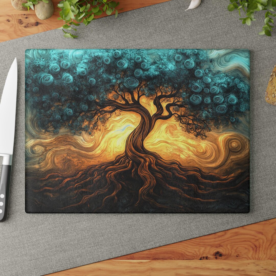 Whimsical Tree of Life Cutting Board Artistic Tempered Glass Chopping ...