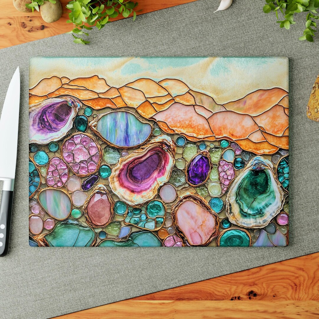 Stained Glass Oyster Shell Cutting Board Tempered Glass Coastal Kitchen ...