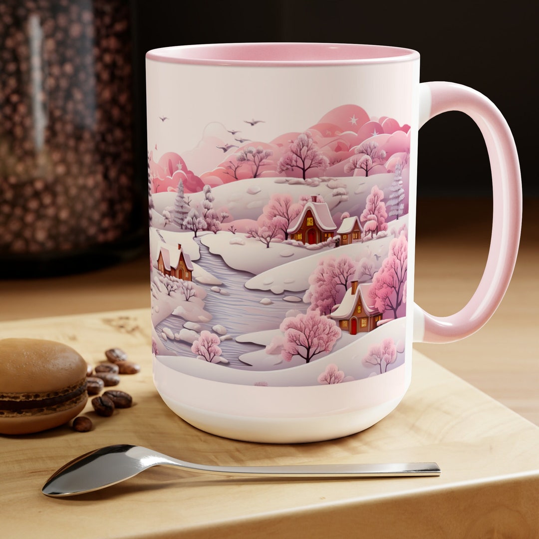 Pink Christmas Village Mug Pink Holiday Coffee Cup Pink Festive Ceramic ...
