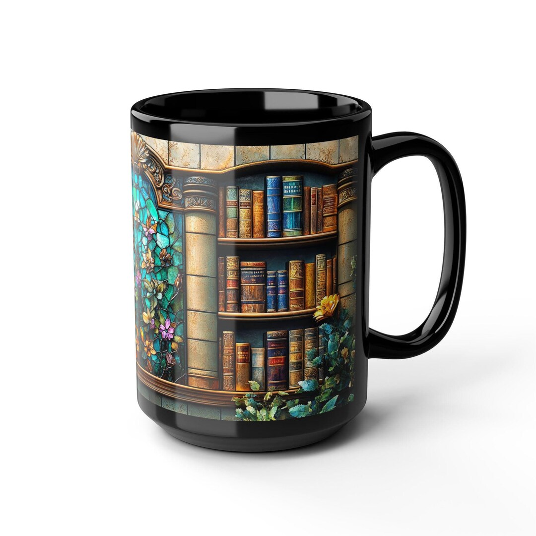 Stained Glass Bookshelf Mug Colorful Book Lover Coffee Cup 15oz Ceramic ...