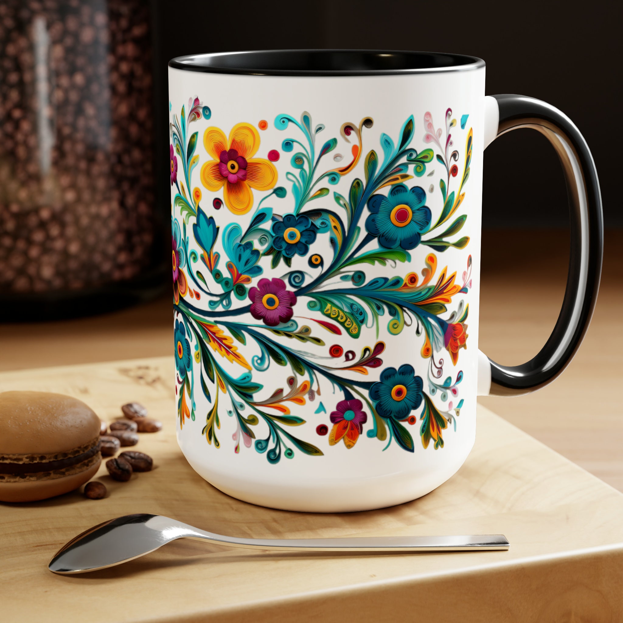 Mexican Embroidery Floral Mug Vibrant Folk Art Ceramic Tea Cup 15oz ...