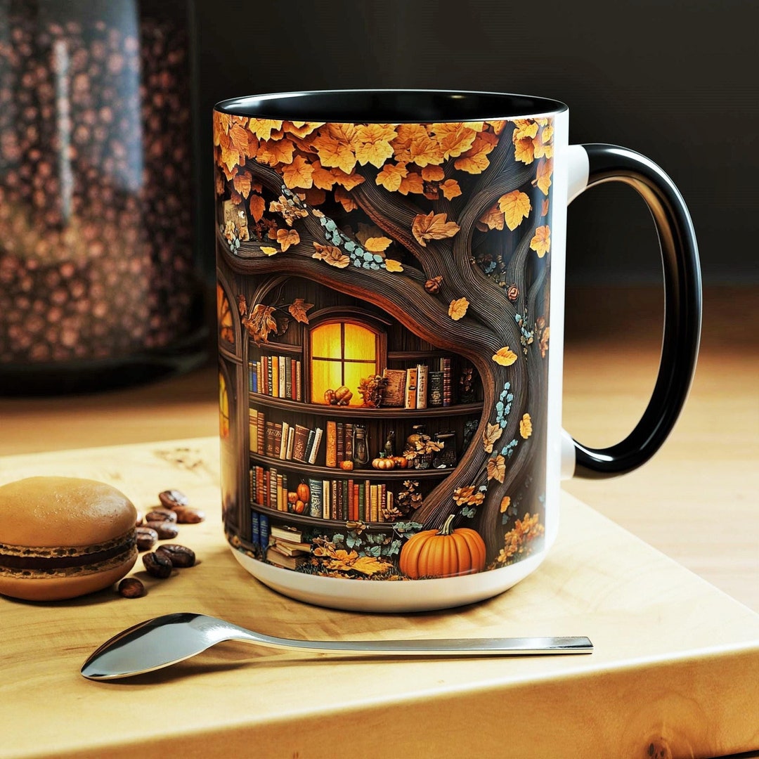 Cozy Autumn Bookshelf Library Mug Autumn Bookstore Book Decor Coffee ...