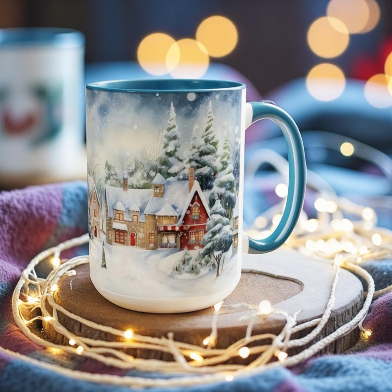 Retro Winter Village Mug Christmas Coffee Cup Snowy Holiday Tea Mug ...