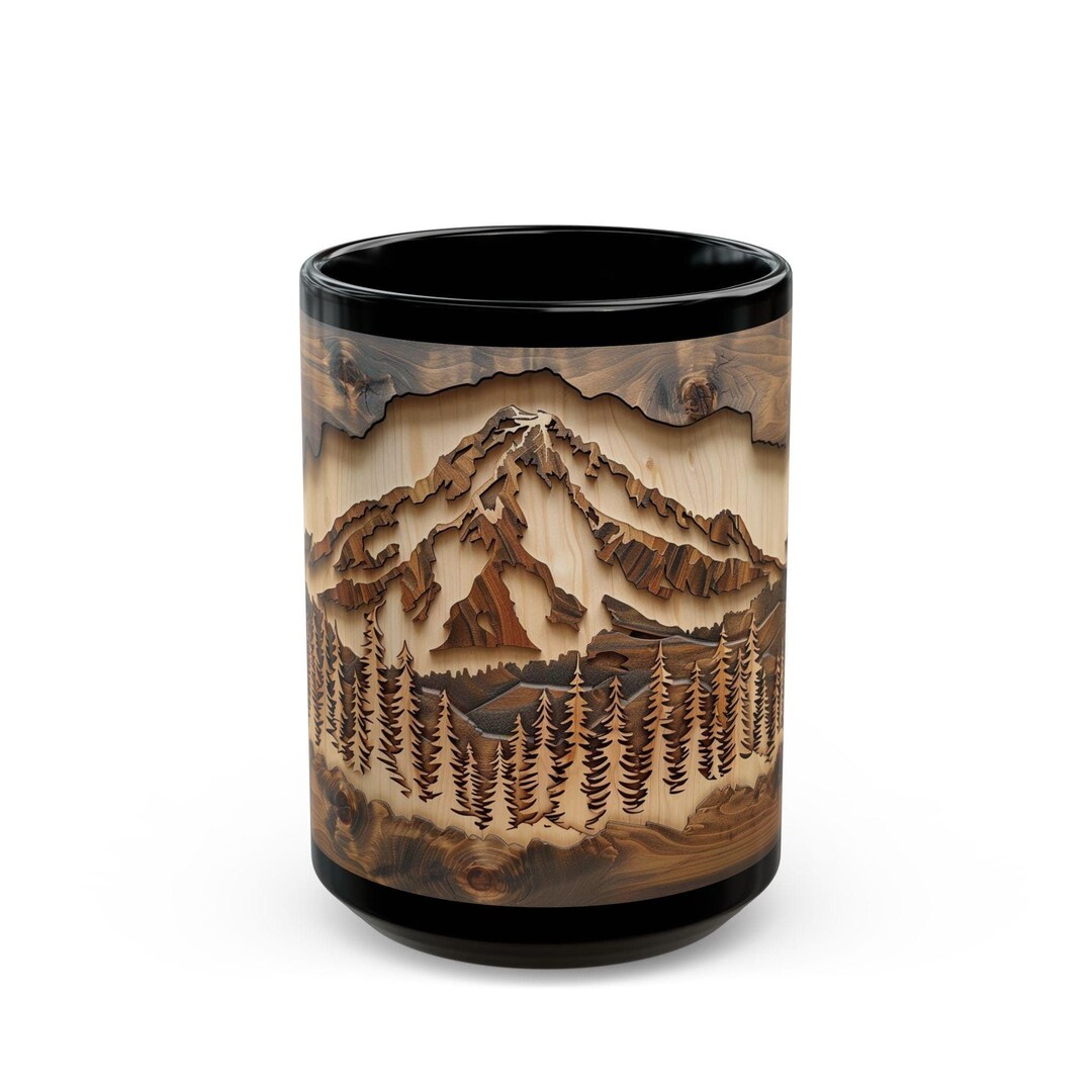 Mountain Forest Mug Carved Wood Style Landscape Coffee Cup Rustic Pine ...