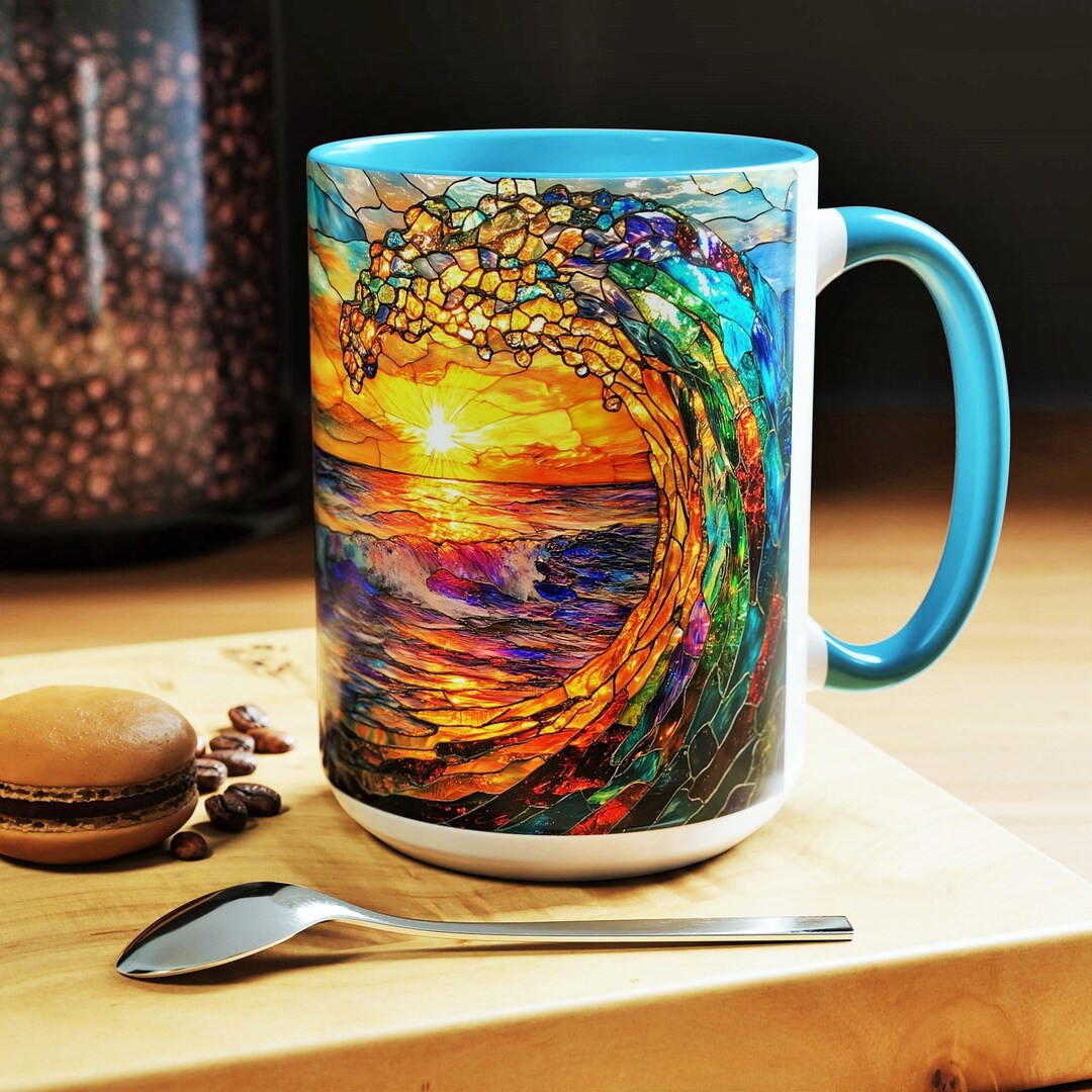 Coastal Sunrise Wave Mug – Stained Glass Ocean Coffee Cup, Beach House ...
