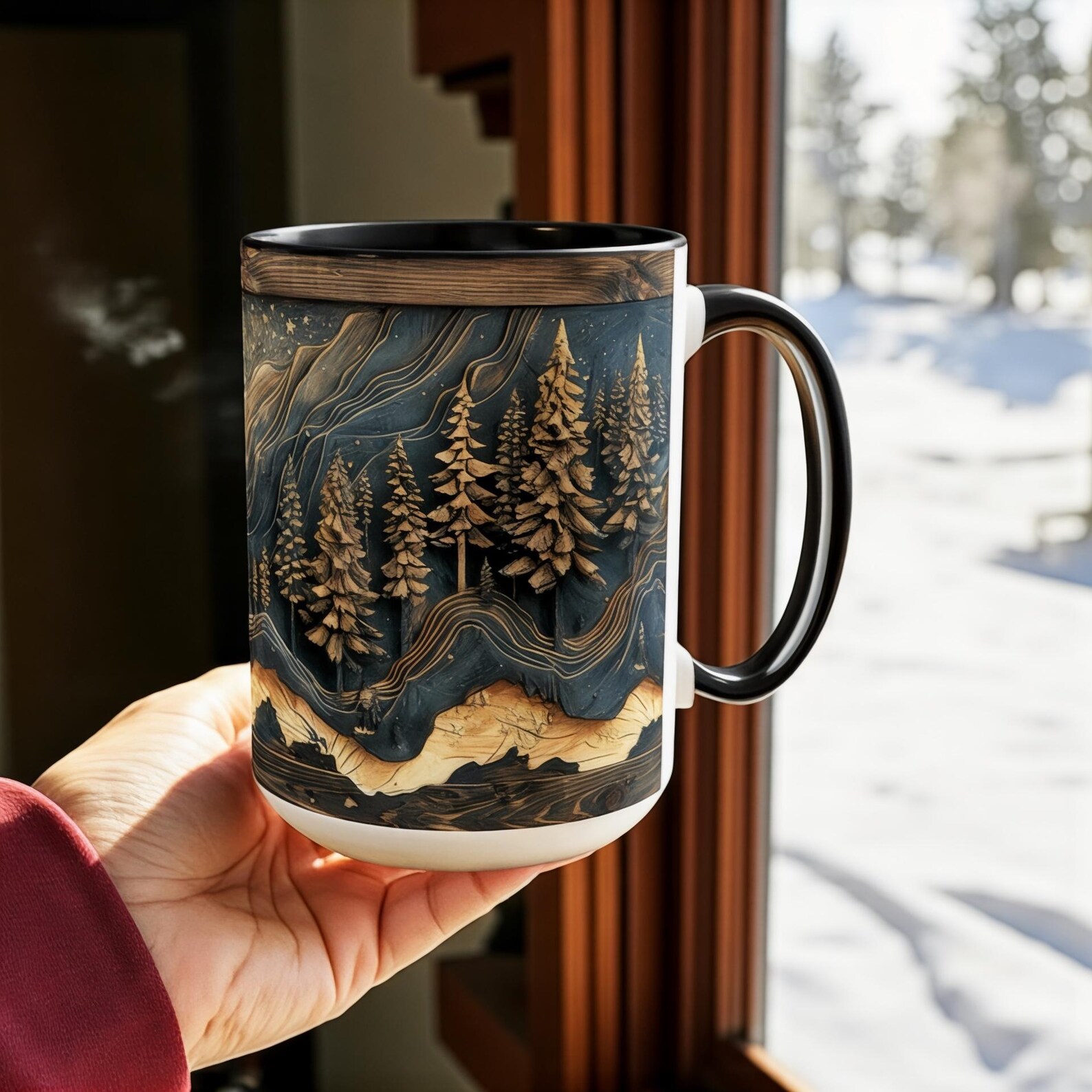 Faux Wood Pine Trees Mug Mountain Forest Lanscape Cup Starry Night 15oz ...