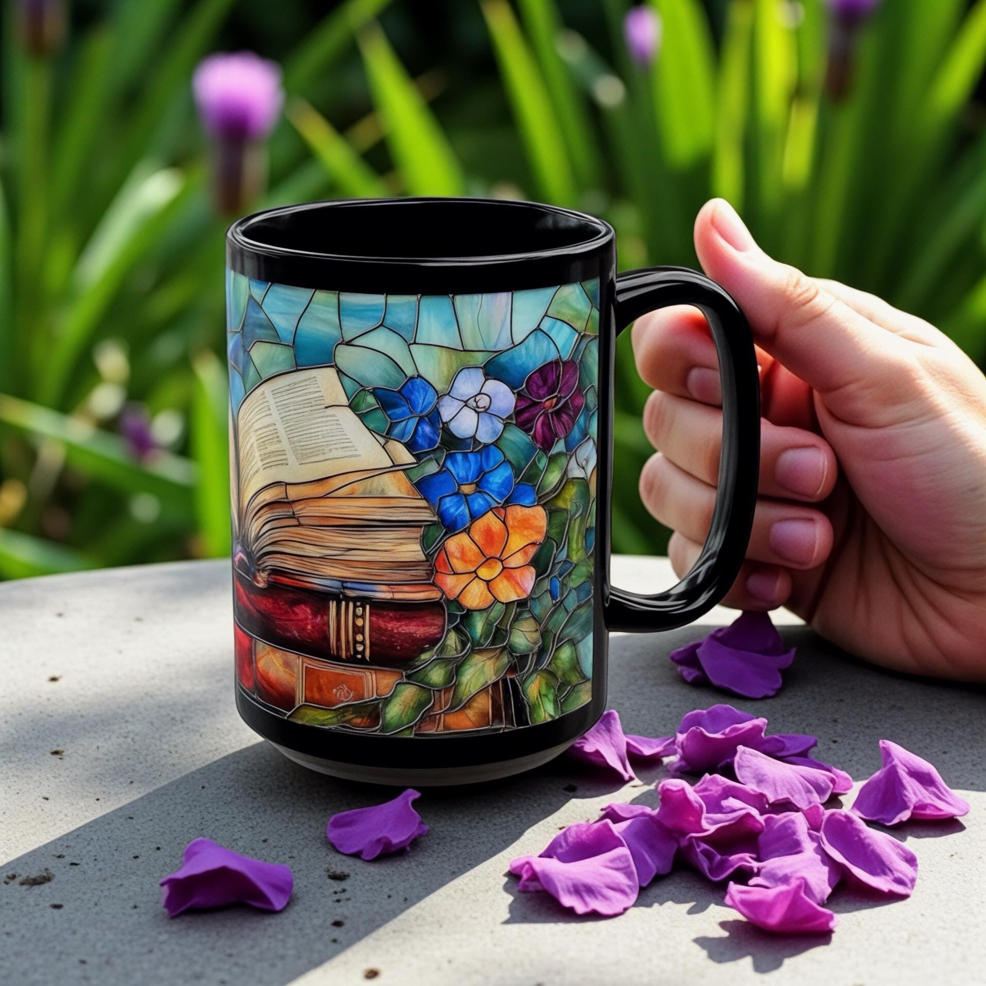 Stained Glass Book Lover Mug Reader Coffee Cup 15oz Black Ceramic ...