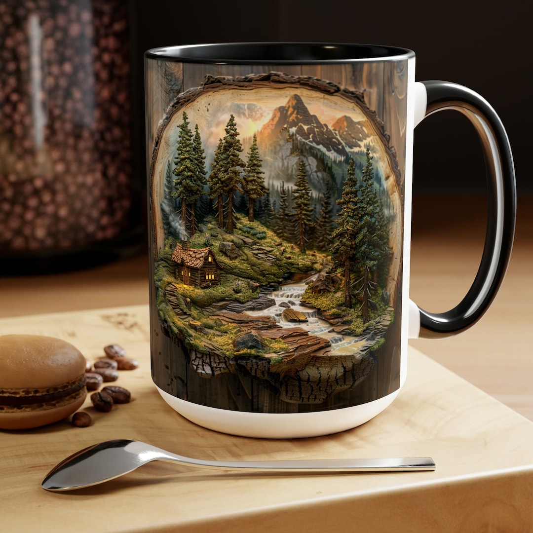 Cabin Mug Forest Landscape Coffee Mug Rustic Cabin Decor Cup Wood Wall ...
