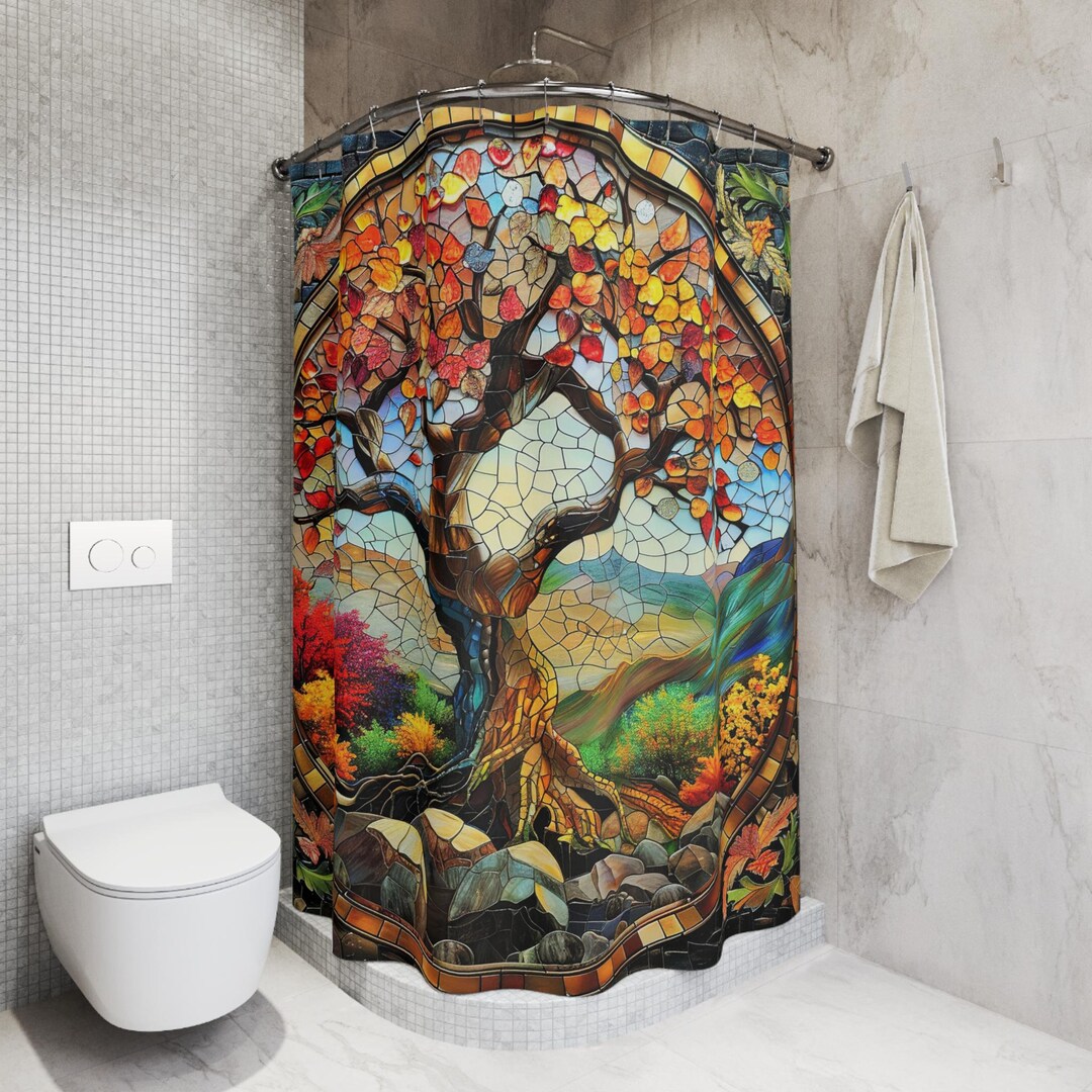 Tree of Life Shower Curtain Stained Glass Bathroom Curtain Nature Art ...
