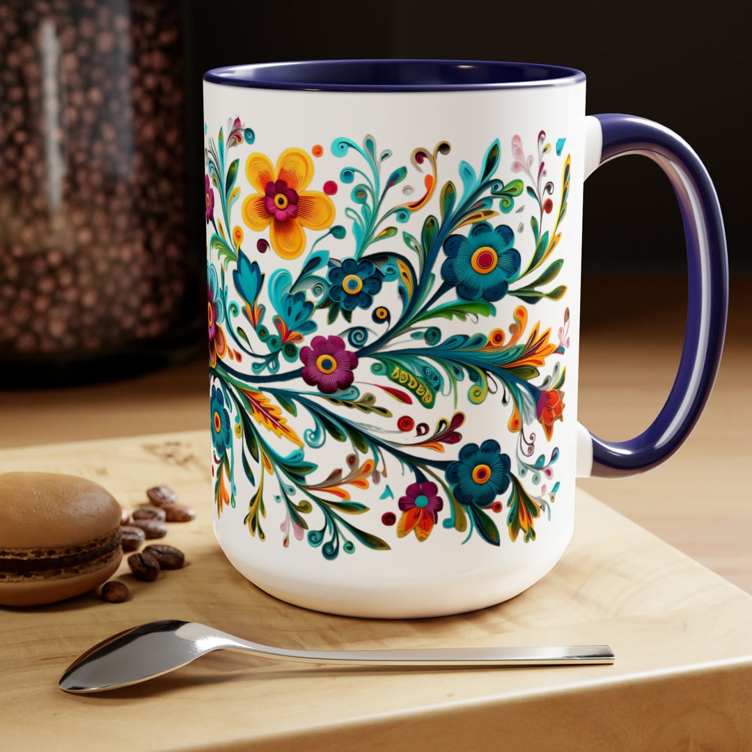 Mexican Embroidery Floral Mug Vibrant Ceramic Tea Bold Hispanic Folk ...
