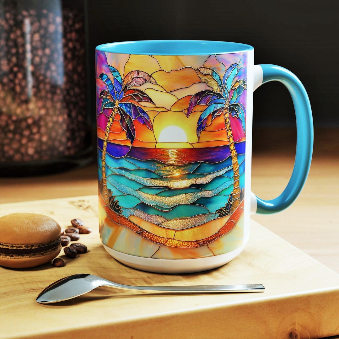 Stained Glass Beach Sunset Mug Palm Tree Ceramic Mug Beach Art Print ...