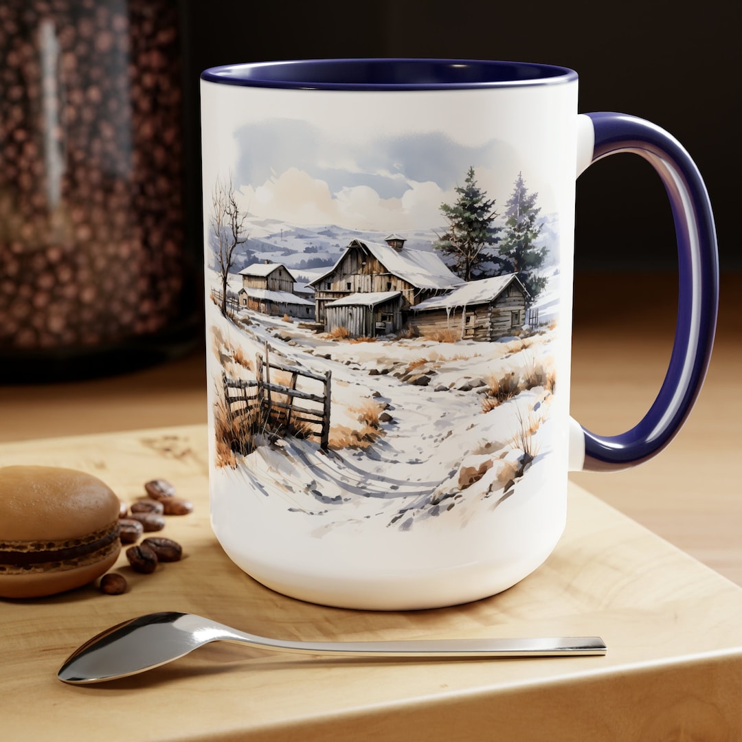 Winter Ranch Coffee Mug Cozy Cabin Drinkware Farmhouse Winter Scene Mug ...