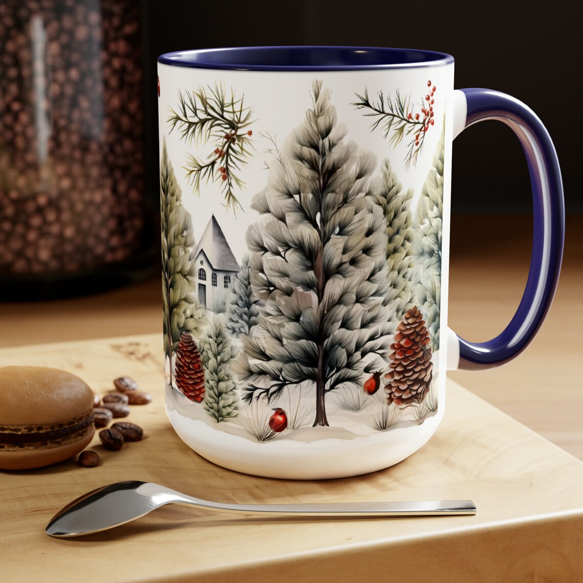 Snowy Pine Tree Mug Winter Forest Coffee Cup With Pinecones Holiday ...