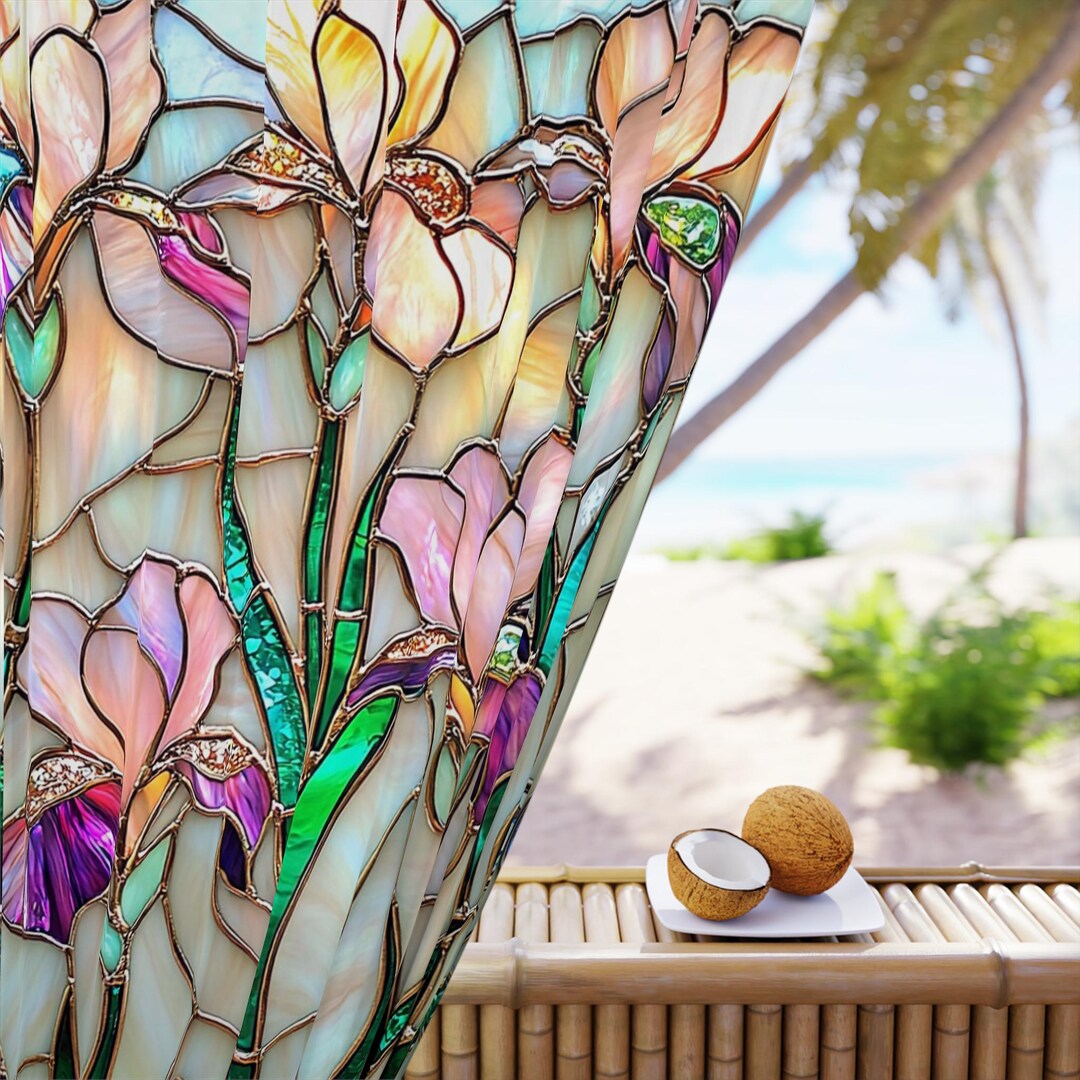 Stained Glass Iris Window Curtain Elegant Floral Window Decor Purple ...