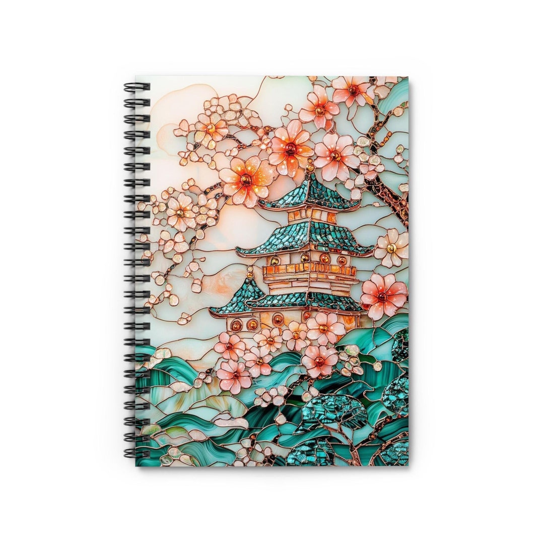 Stained Glass Japanese Pagoda Notebook Japanese Bonsai Cherry Blossom ...