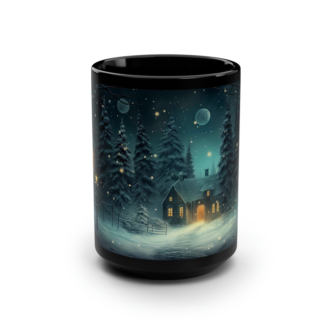 Snowy Winter Night Mug Winter Scene 15oz Black Large Christmas Mug ...