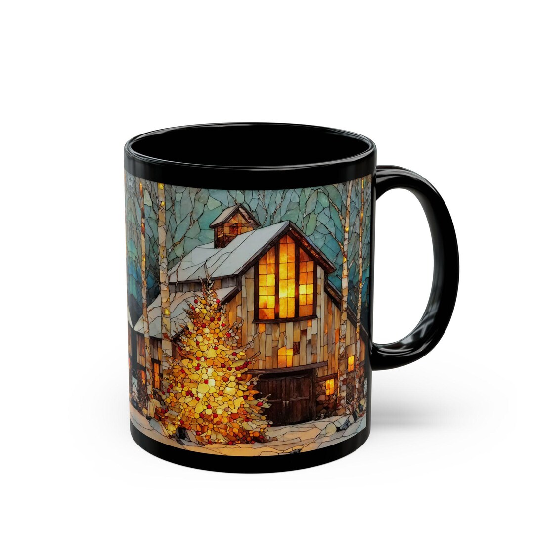 Stained Glass Winter Barn Mug Christmas Coffee Cup Rustic Farmhouse ...