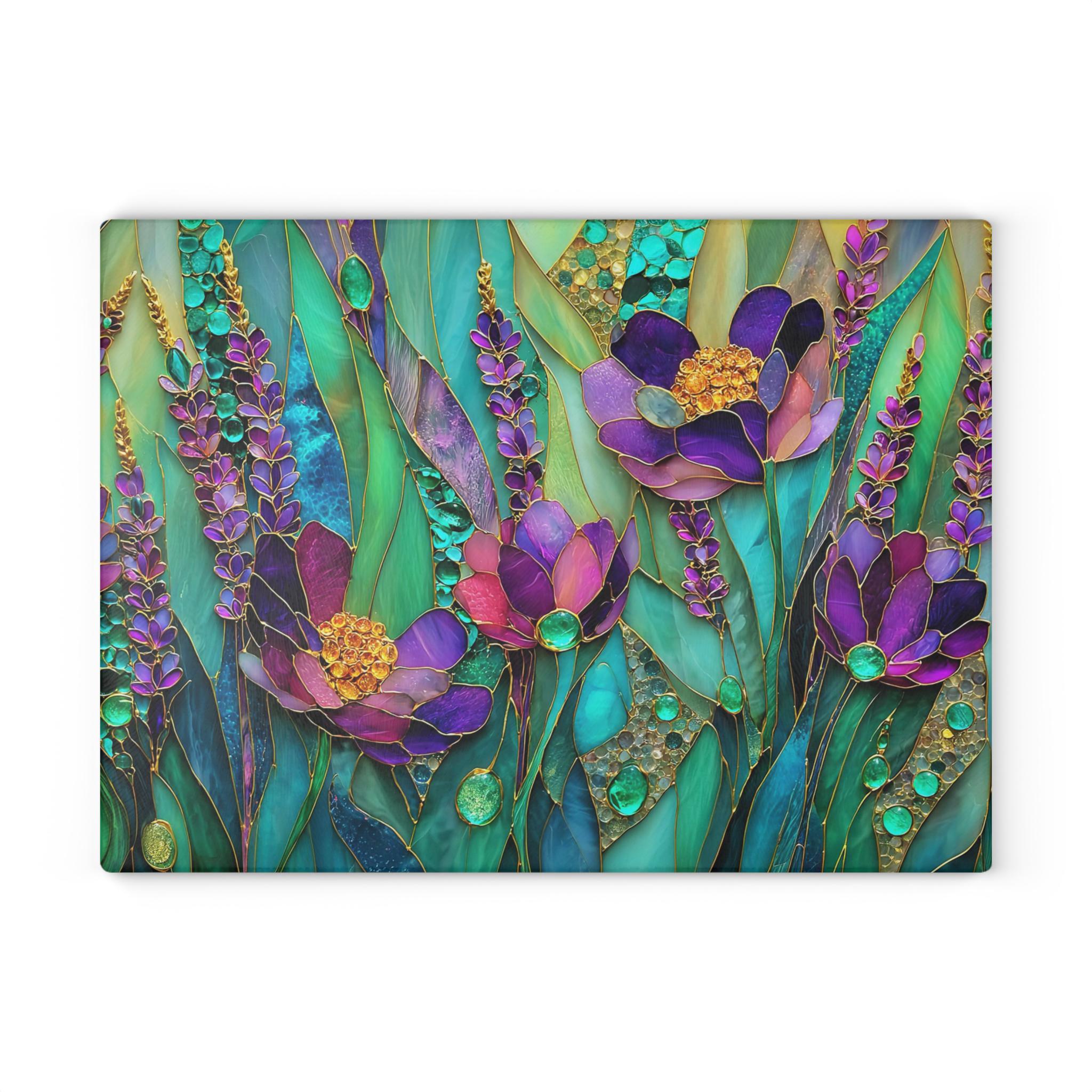 Stained Glass Floral Cutting Board Tempered Glass Purple Lavender ...