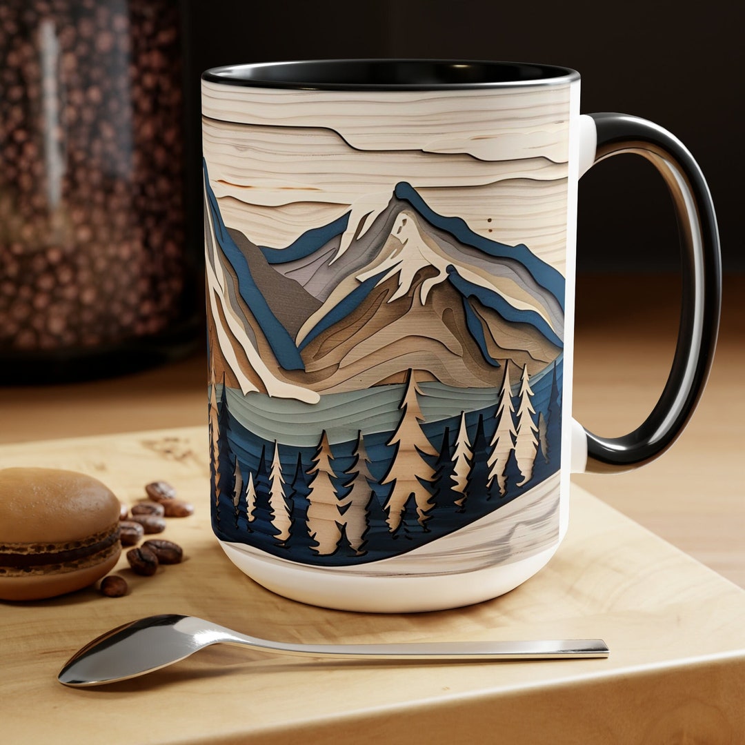Mountain Forest Ceramic Mug Faux Carved Wood Landscape Art Pine Trees ...